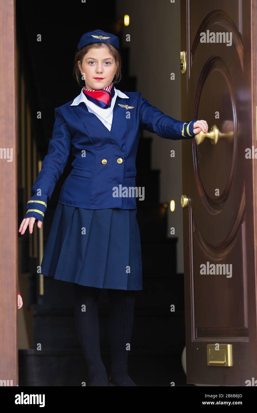 An Orthodox Jewish girl dressed in an air hostess outfit during the ...