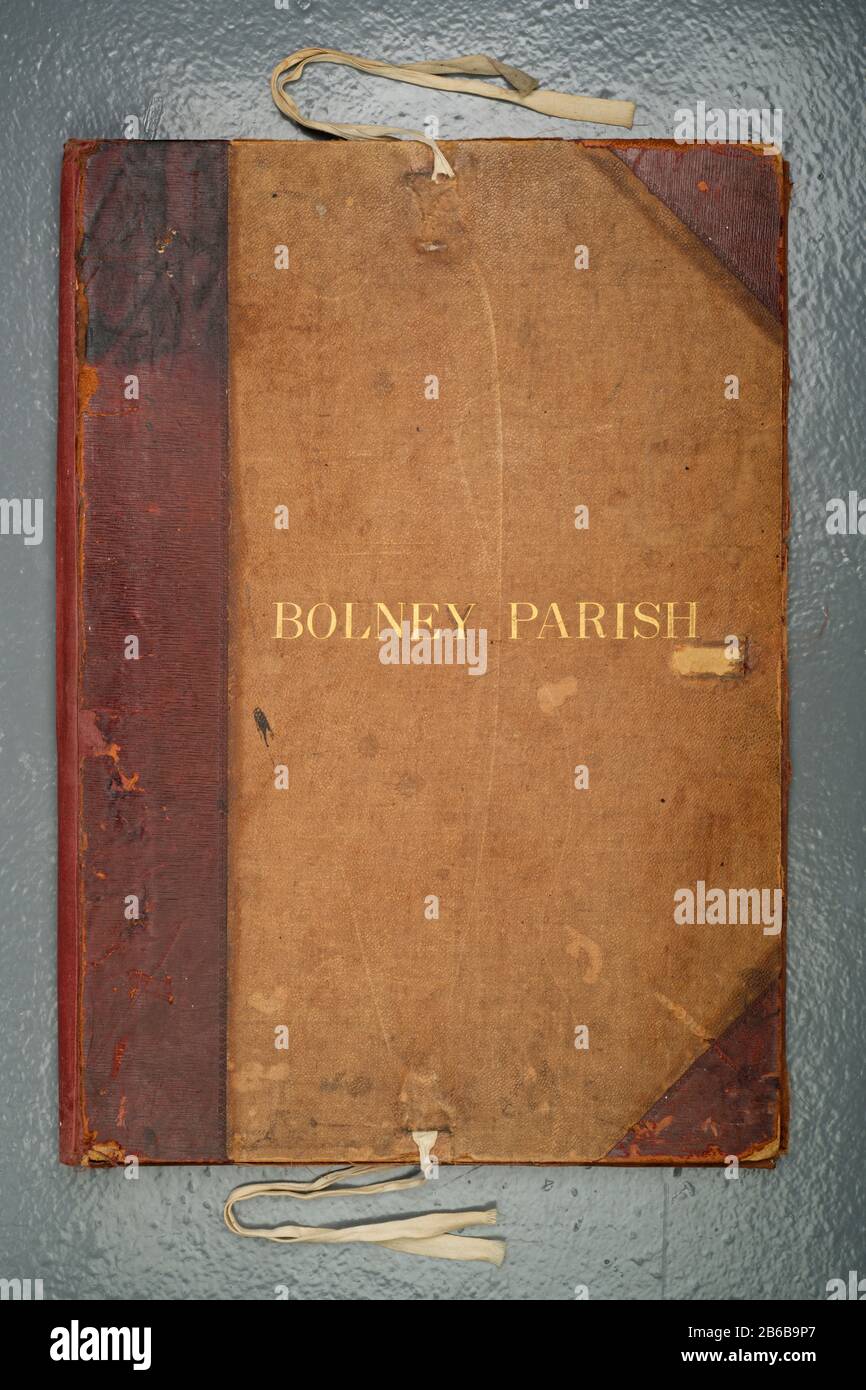 Old leather folder from Victorian period. Bolney Parish in gold ...