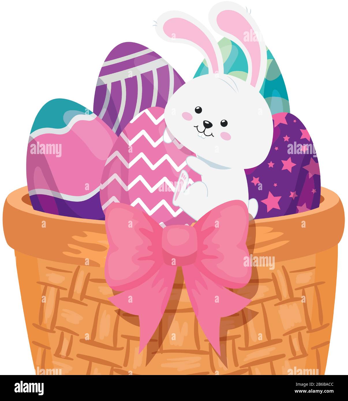 rabbit and cute eggs easter decorated in basket wicker Stock Vector ...