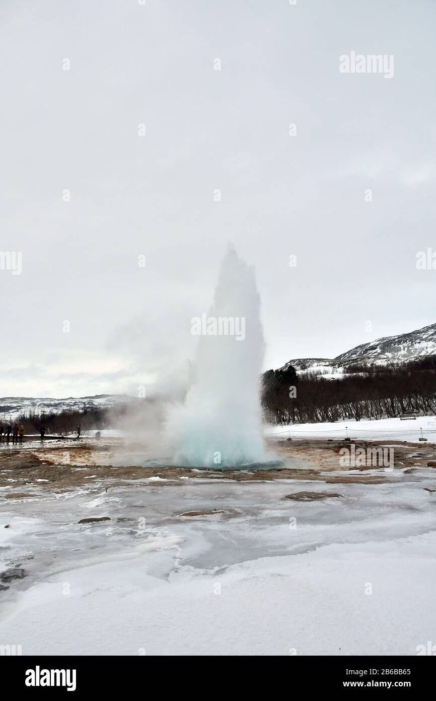Strokkur geyser eruption, Geysir hot spring area, Iceland, Ísland ...