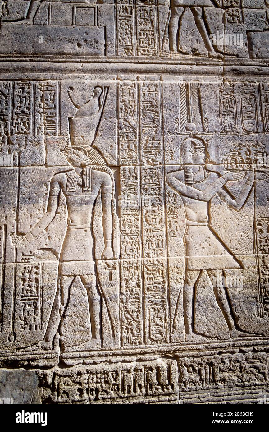 hieroglyphic scripture on a wall inside Philae temple, Aswan Stock ...