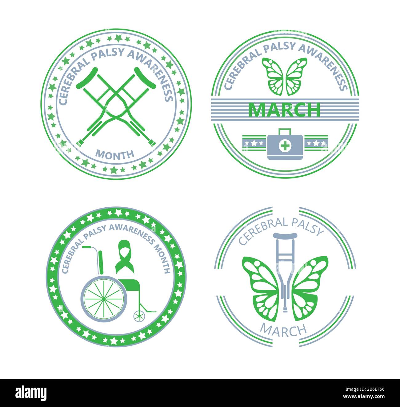 Cerebral Palsy Awareness Month in March. Grey and green emblems with ...