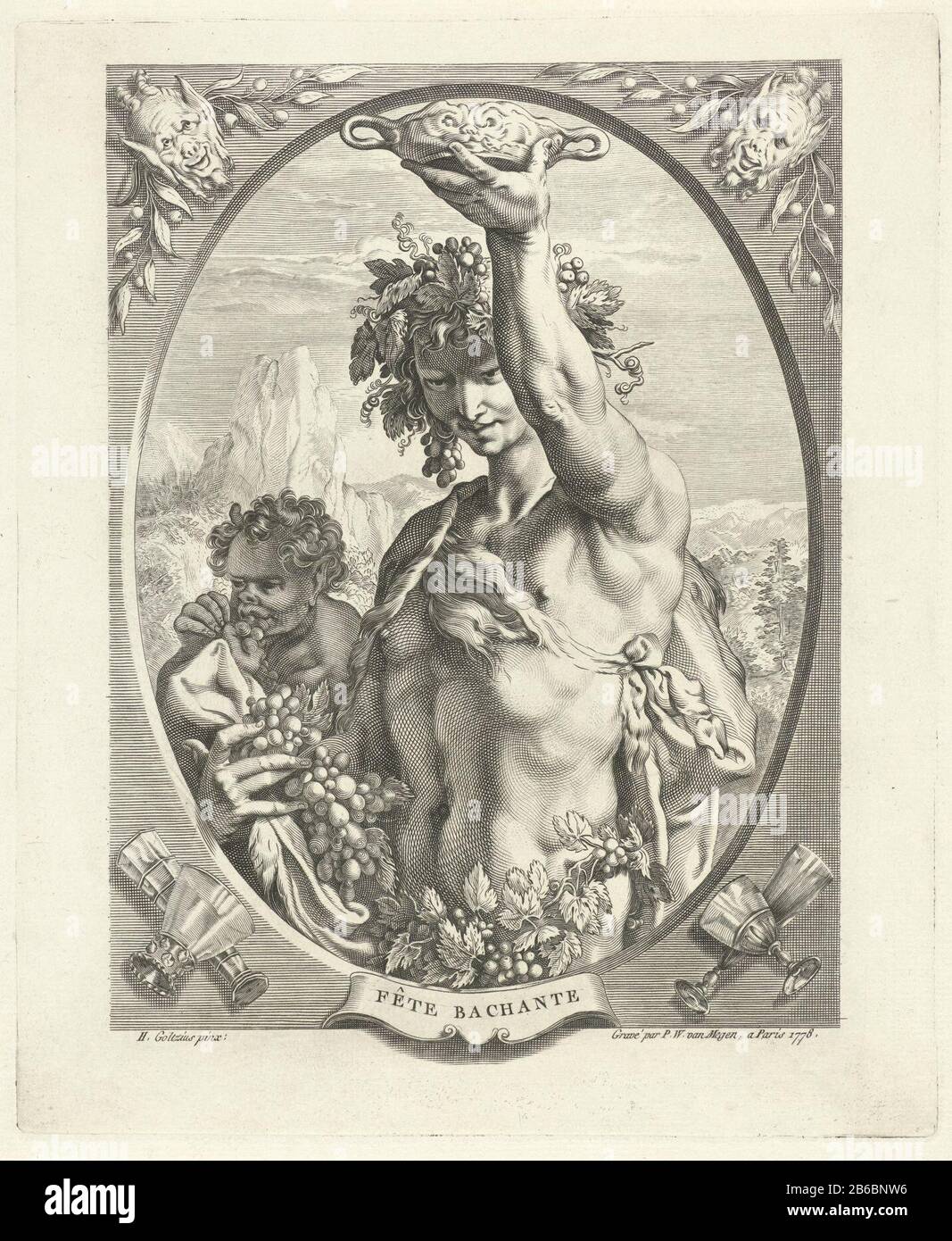 Bacchus raises his tankard. He wears a crown of grapes and vine leaves ...