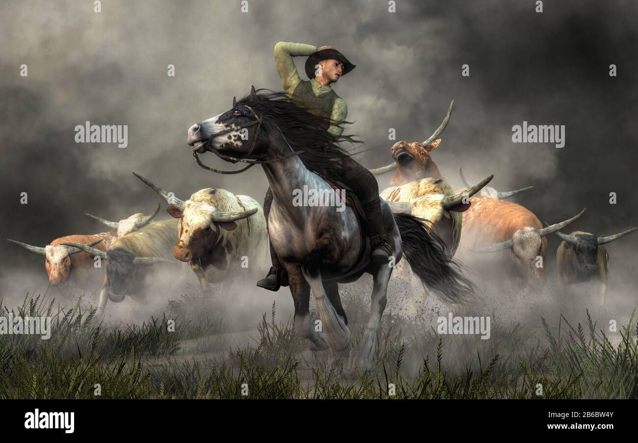 In the American Wild West, a cowboy on horseback rides for his life ...