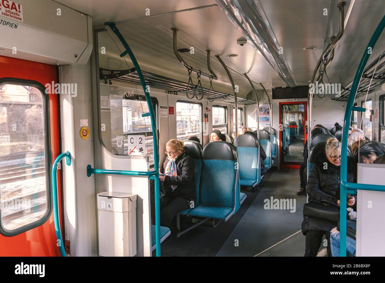 Poland, Gdansk February 9, 2020. Interior suburban train SKM. Train ...
