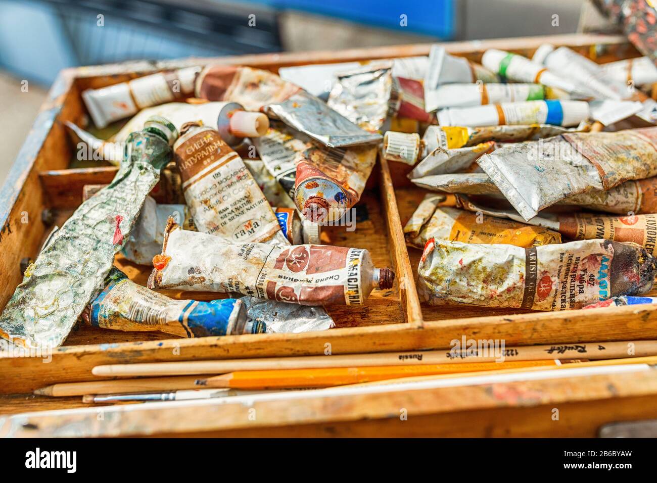 05 August 2018, UFA, RUSSIA: group of old metallic paint tube on the ...