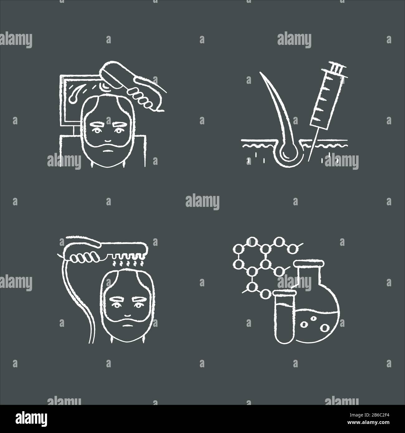 Hair loss chalk white icons set on black background. Laser therapy for ...