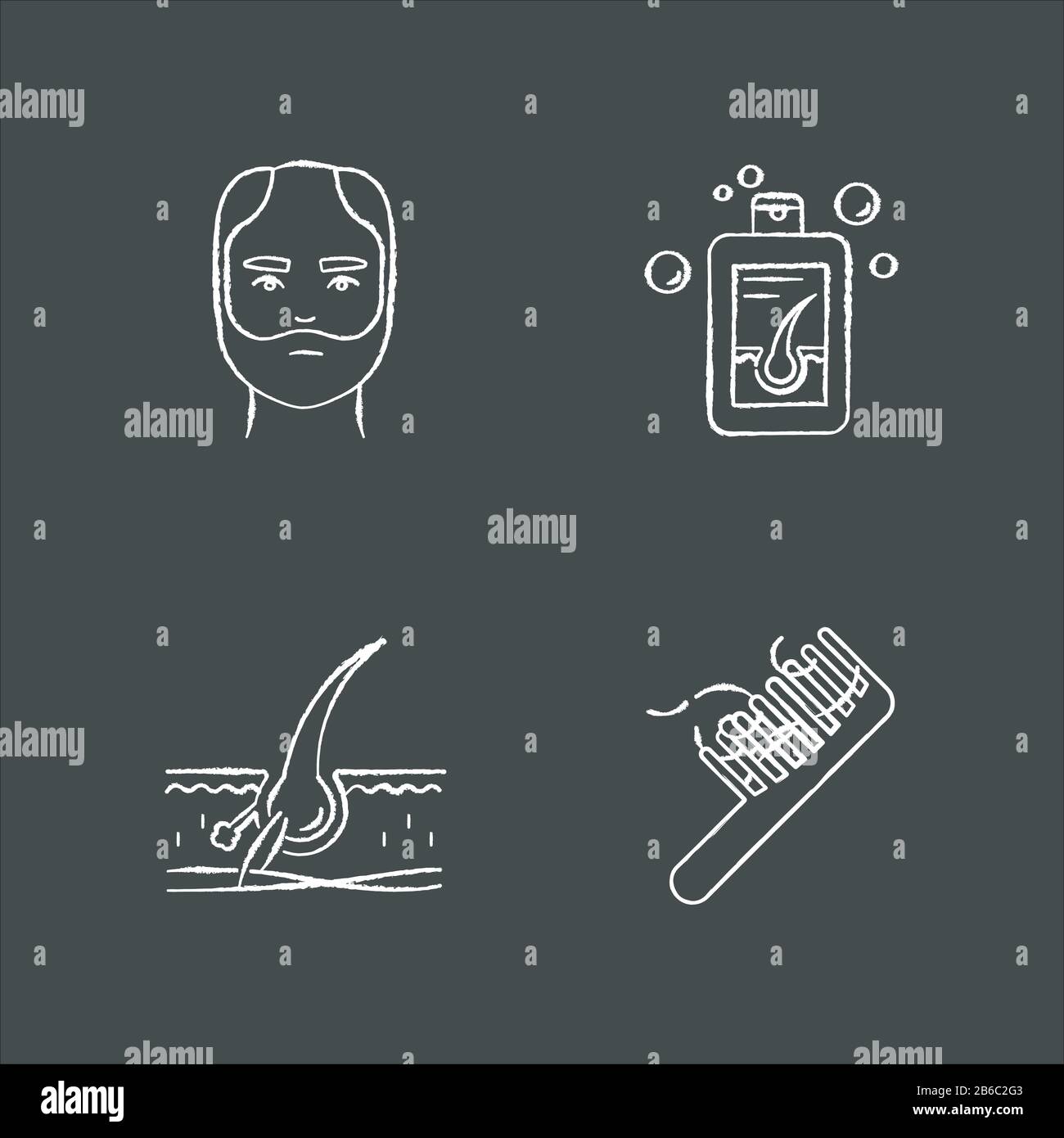 Hair loss chalk white icons set on black background. Man balding ...