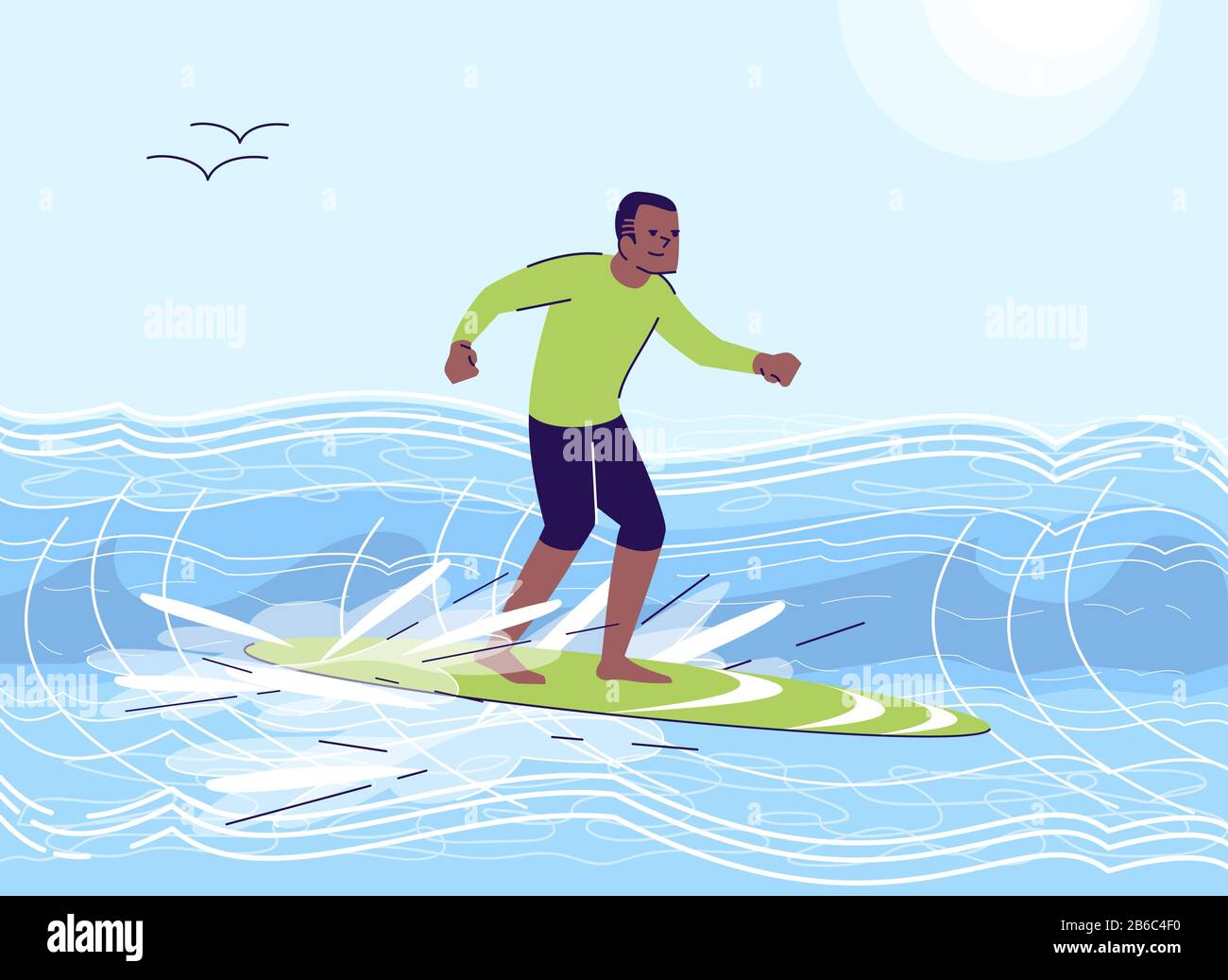 Surfing man flat doodle illustration. African American guy on surfboard ...