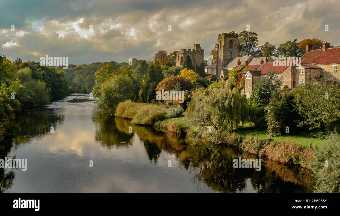 The River Ure and village of West Tanfield in North Yorkshire Stock ...