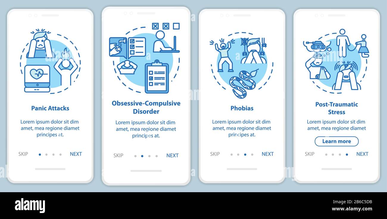 Mental disorders onboarding mobile app page screen with concepts. Panic attacks. Psychological ...