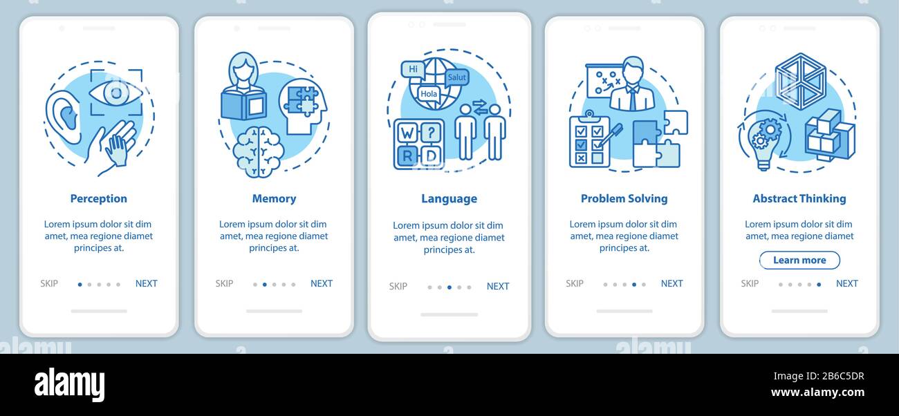 Cognitive processes onboarding mobile app page screen with concepts. Perception and memory ...