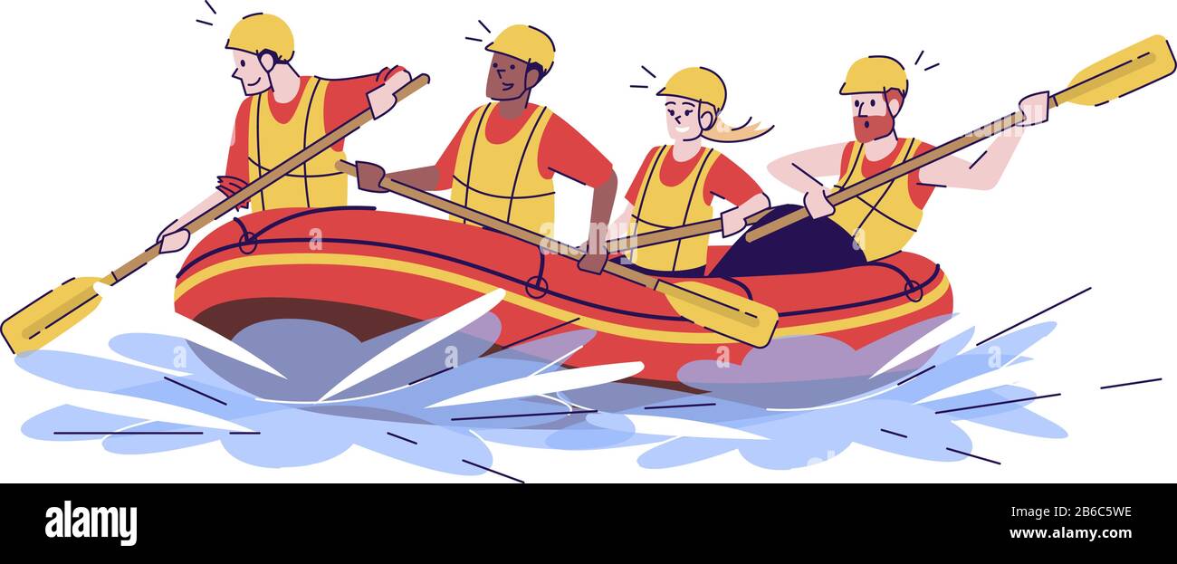 Whitewater rafting flat doodle illustration. People in raft. Water ...