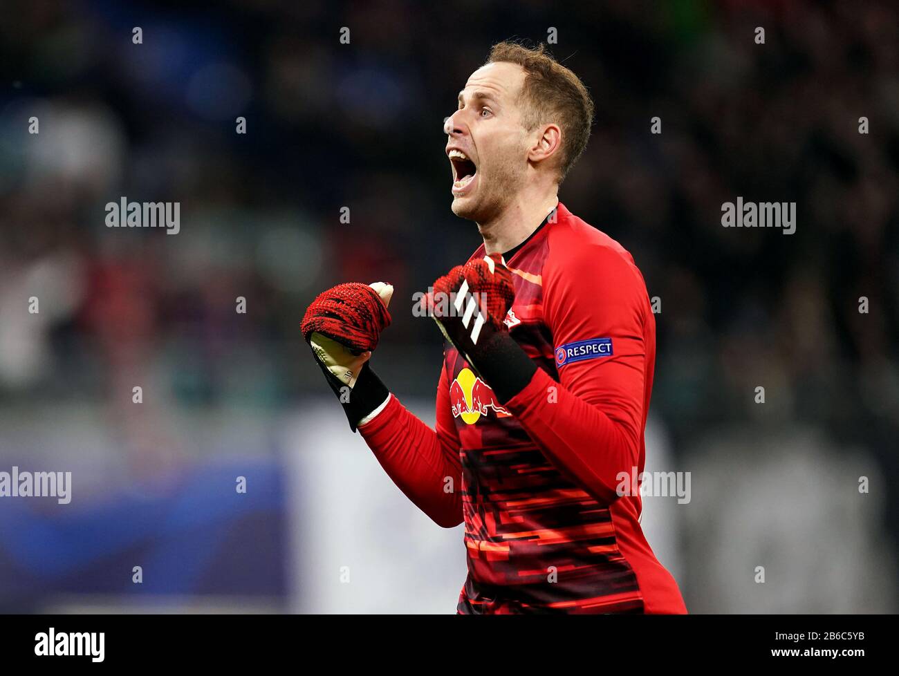 RB Leipzig goalkeeper Peter Gulacsi celebrates after Marcel Sabitzer ...