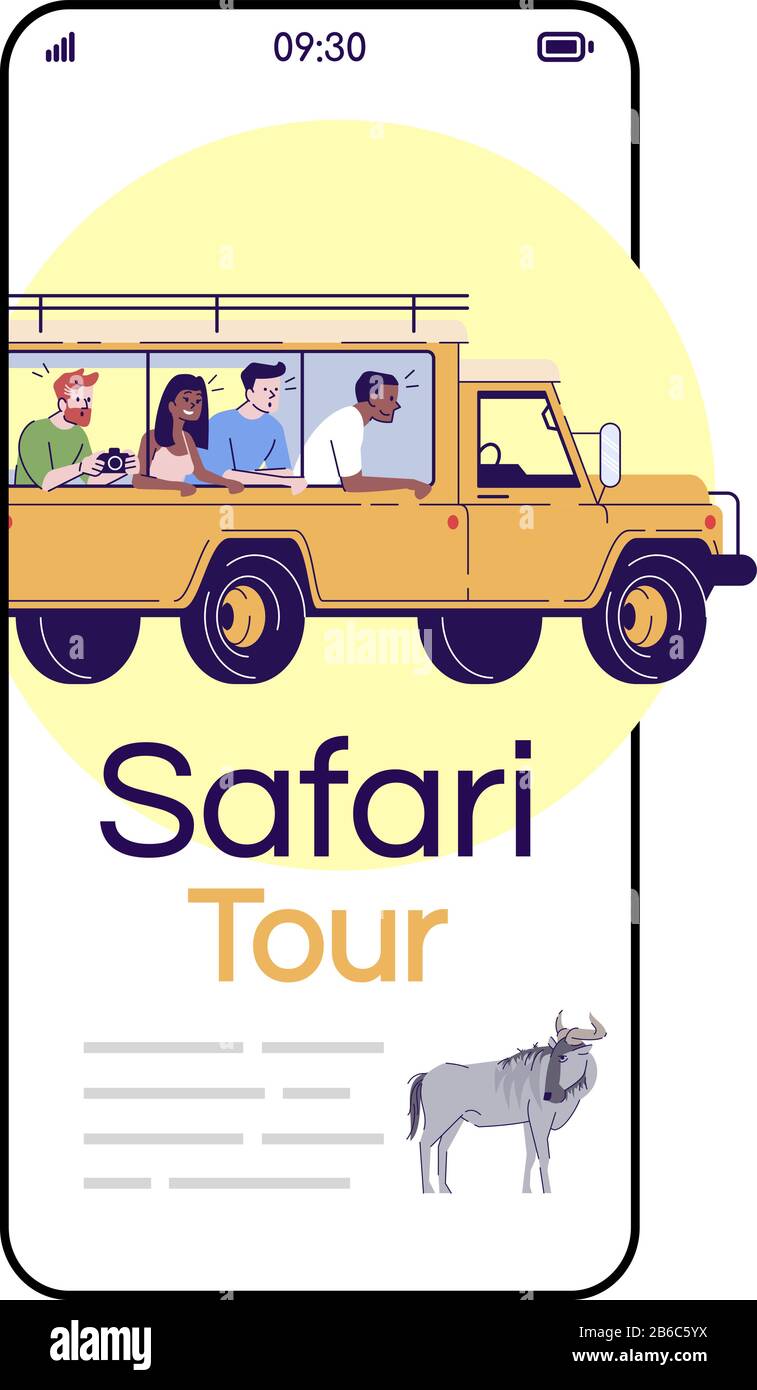 Safari tour cartoon smartphone vector app screen. Wildlife conservation ...