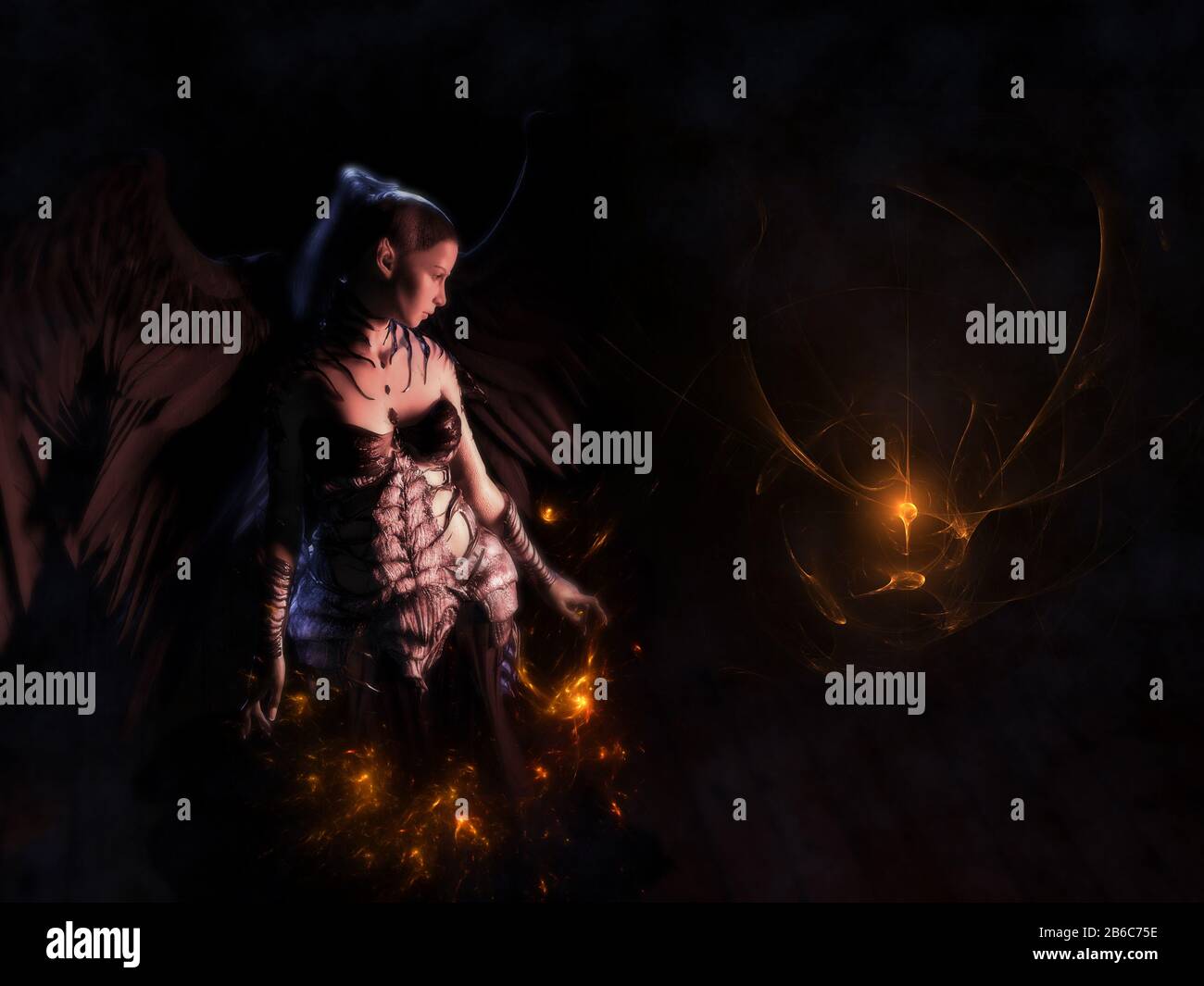 Fallen angel on a dramatic dark background with fire. 3D Illustration ...