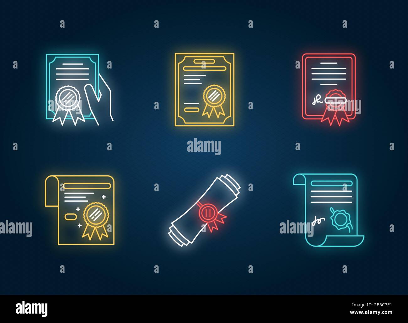 Certificates neon light icons set. Apostille and legalization. Diploma ...