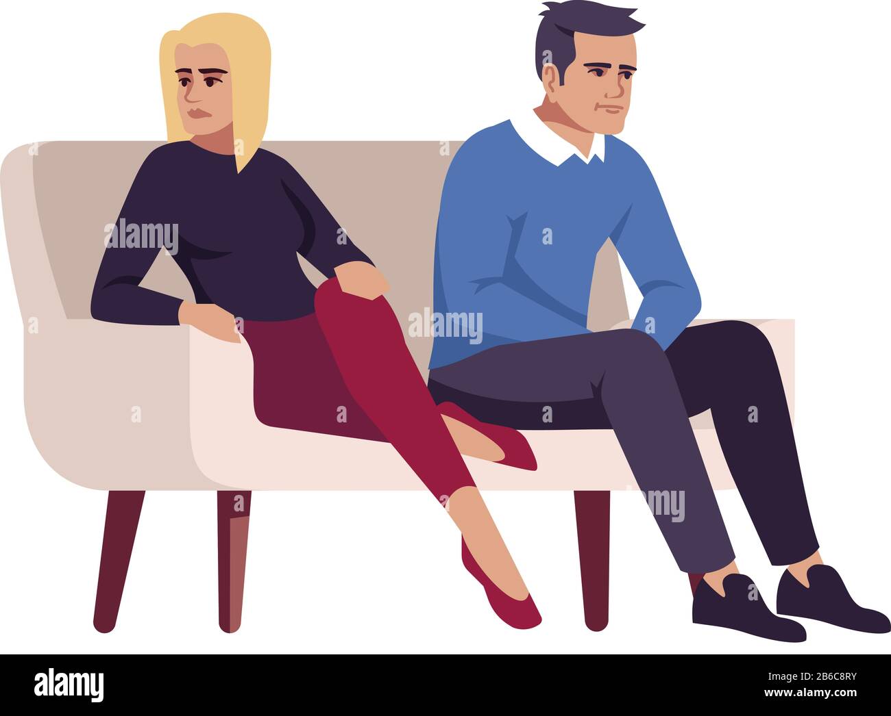 Couple on couch semi flat RGB color vector illustration. People on sofa ...