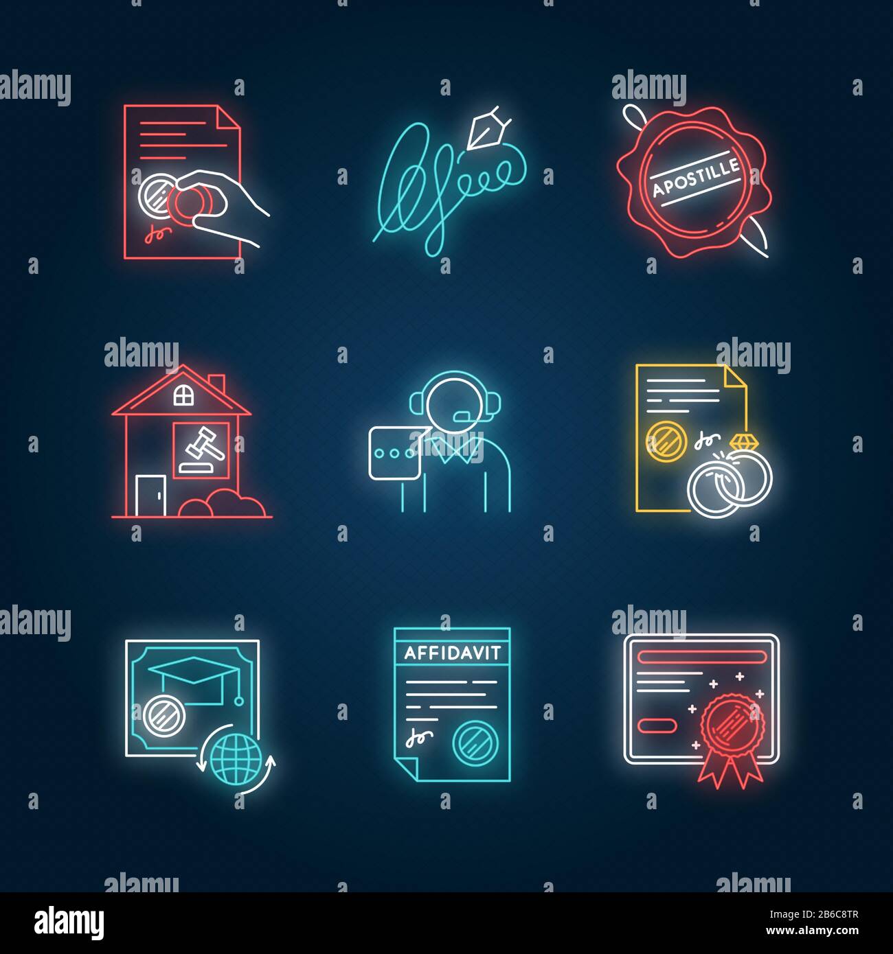 Notary services neon light icons set. Apostille and legalization. Legal ...