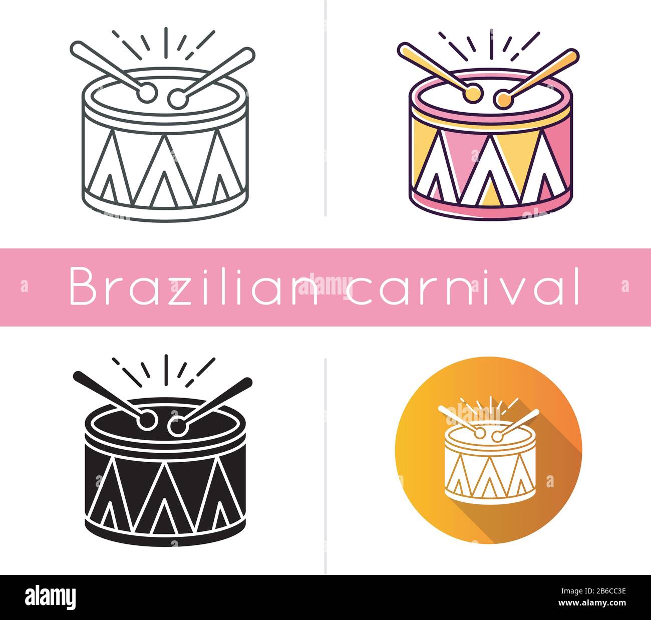 Drum icons set. Linear, black and RGB color styles. Musical instrument ...