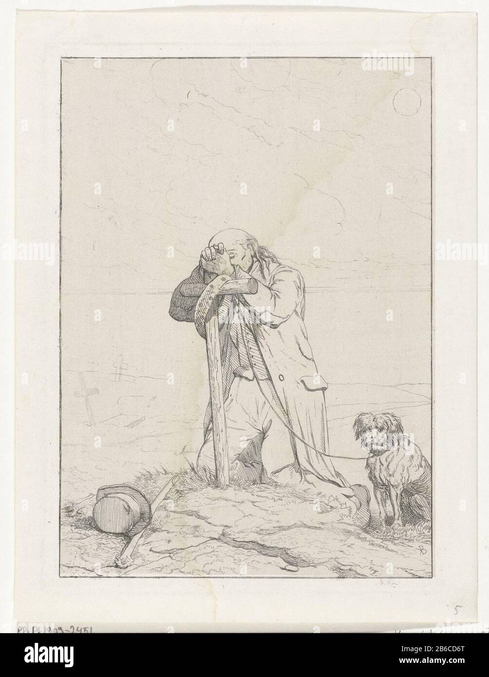 Bum at a cemetery a beggar sits on his knees praying for a grave. His ...