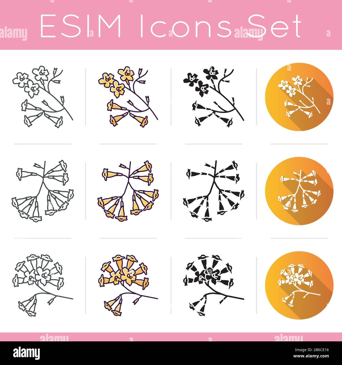 Brazilian flora icons set. Linear, black and RGB color styles. Ipe tree ...