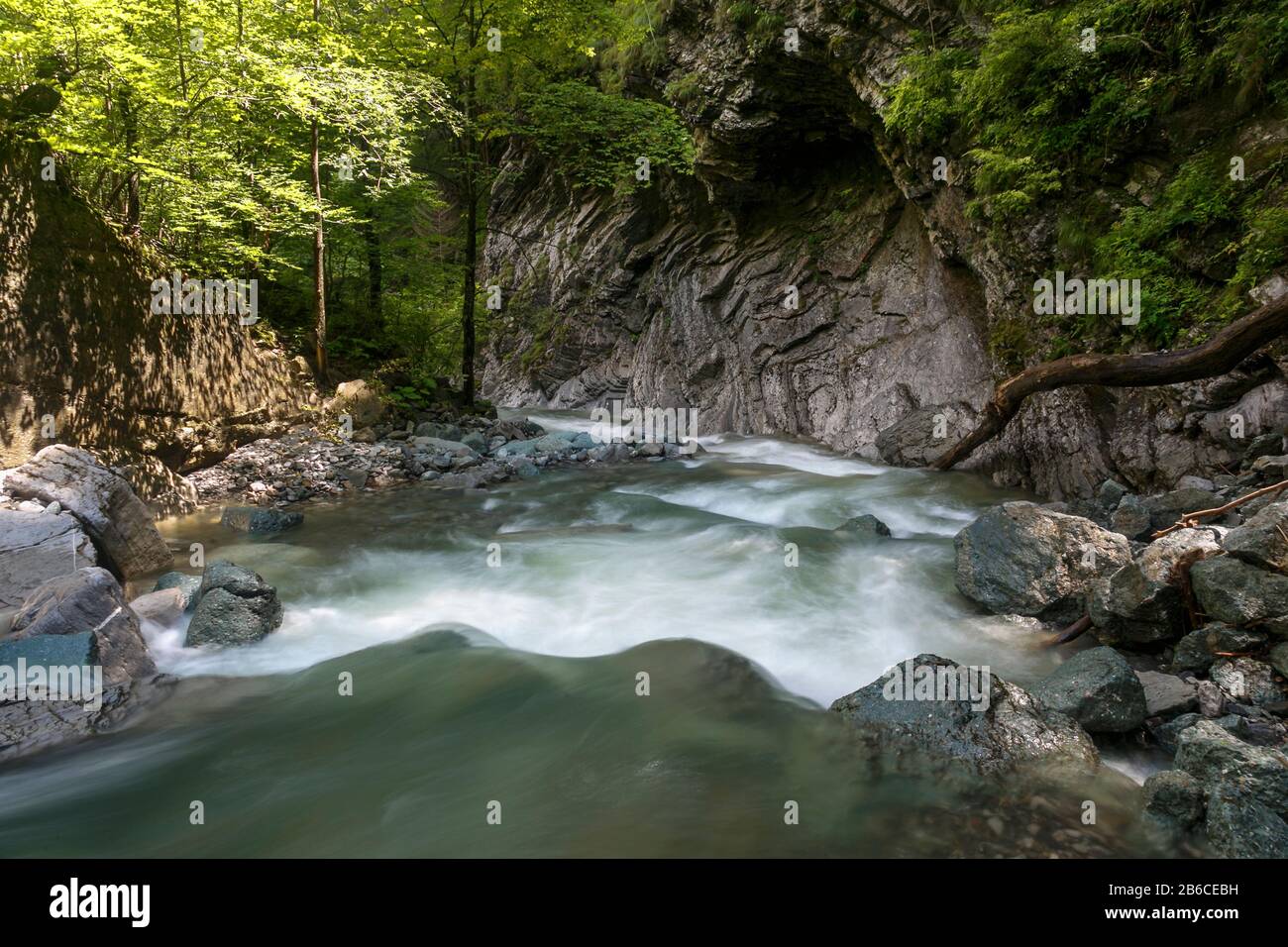 Mountain forest stream with fast flowing water and rocks, long exposure ...