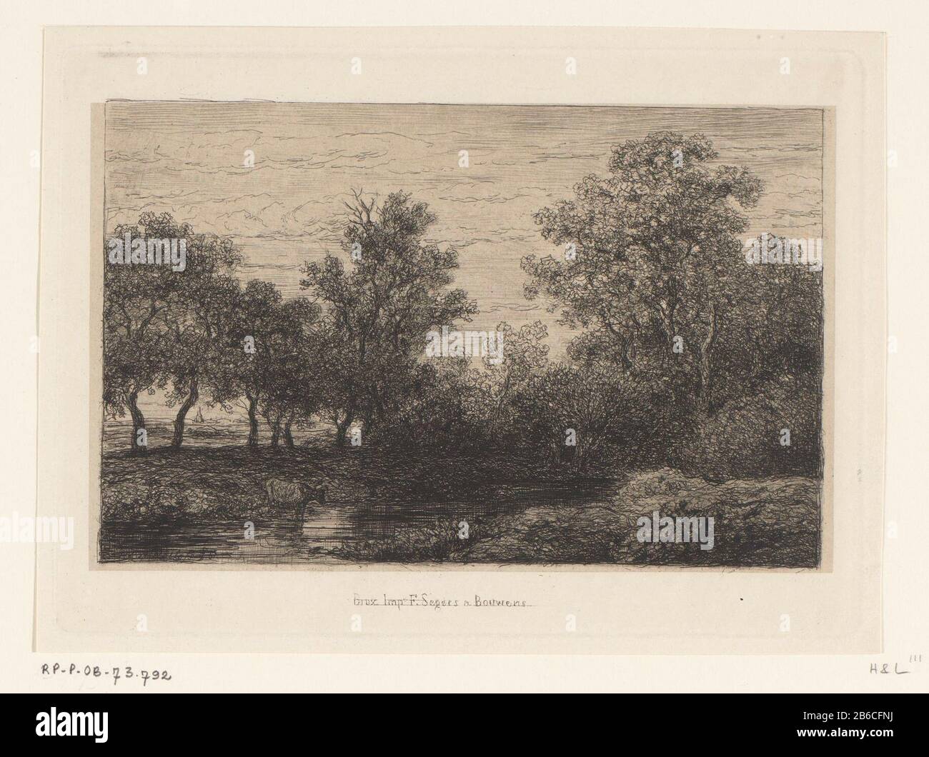 Beek A wooded landscape with links to the foreground a cow in a stream ...