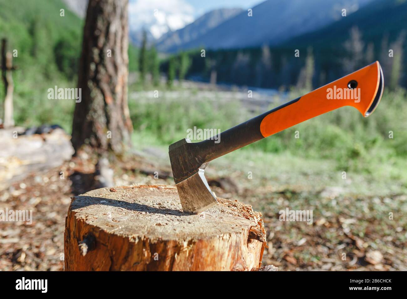 Camping axe in wooden trunk Stock Photo - Alamy