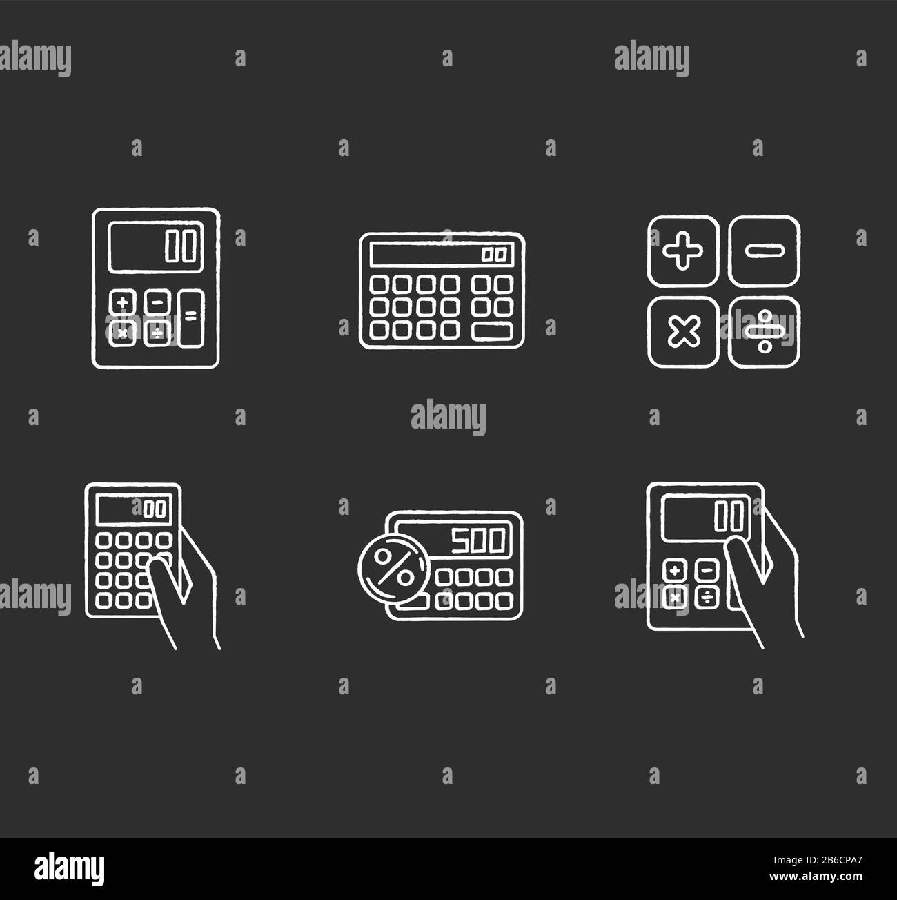 Pocket calculators chalk white icons set on black background ...