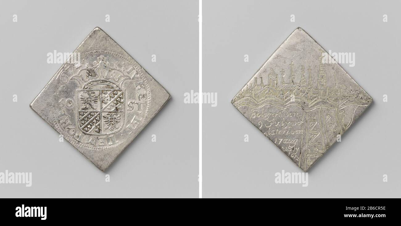Siege of Groningen Ruitvormige, zilveren noodmunt van 50 stuivers. Voorzijde: gekroond ...
