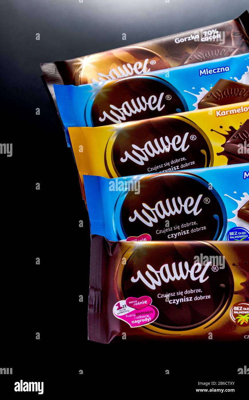 Wawel chocolate bar on dark background. Wawel is polish confectionery ...