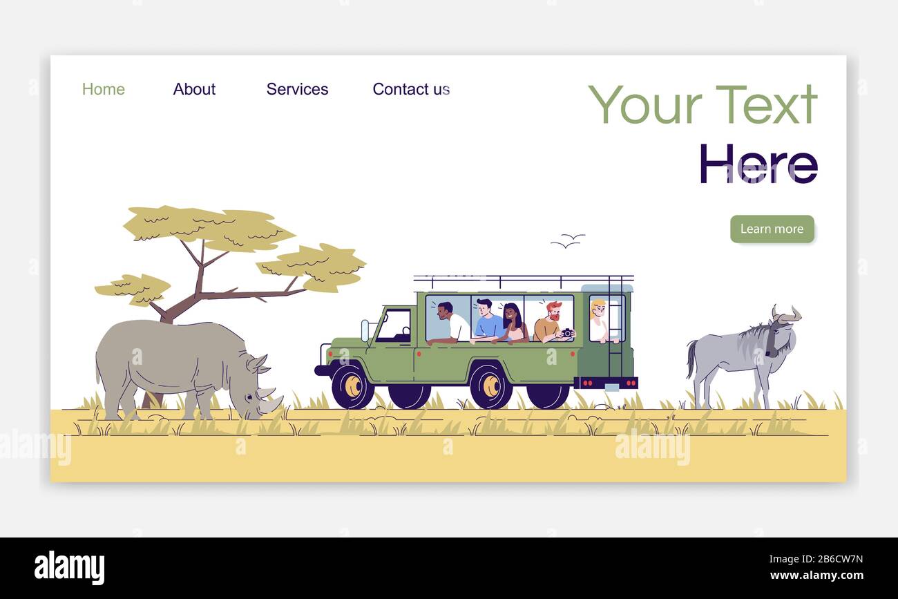 Safari tour landing page vector template. People observing wildlife ...