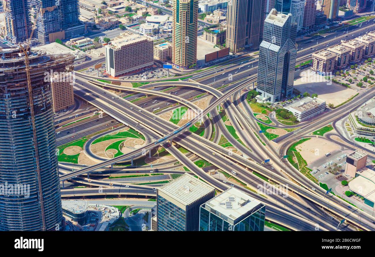 intersection of roads in Dubai city, United Arab Emirates. aerial view ...