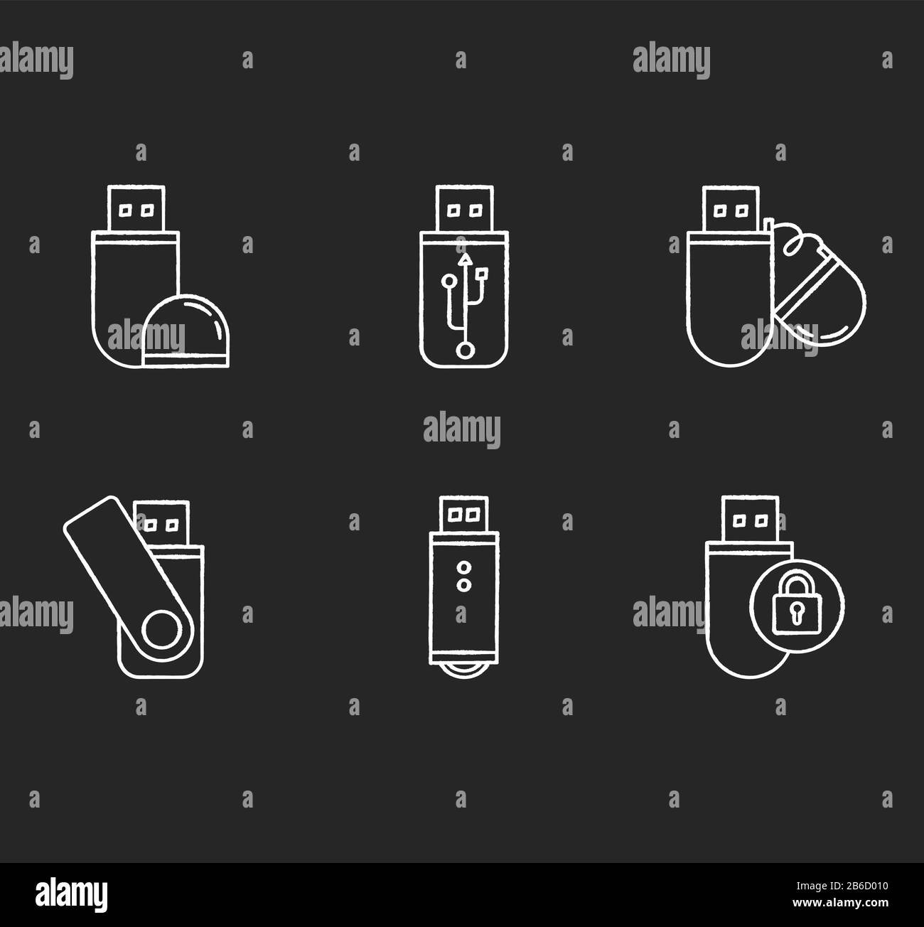 USB flash drive chalk white icons set on black background. Compact data ...