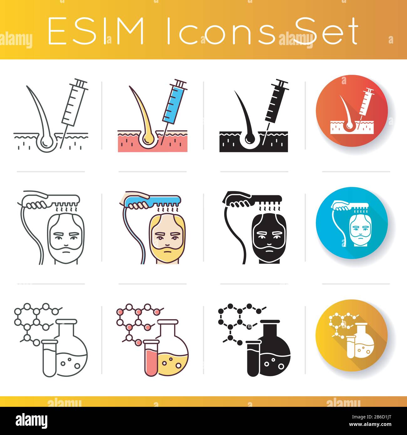 Hair loss icons set. Alopecia treatment. Hairloss injection. Laser ...