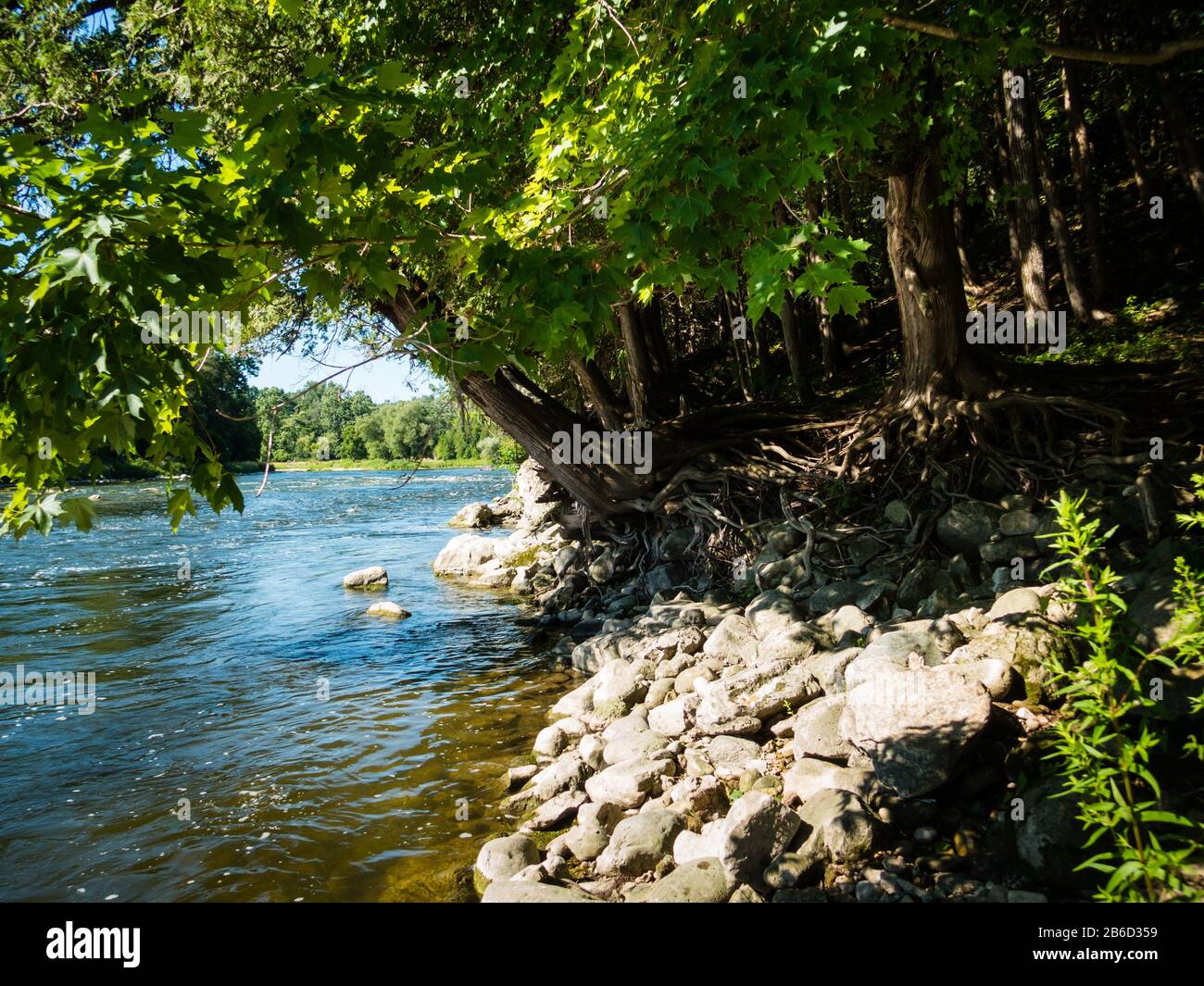 Beautiful natural river with trees and rocky river bank near Toronto ...