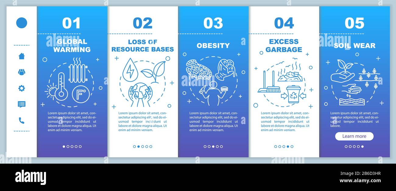 Overconsumption onboarding vector template. Global warming, soil wear ...
