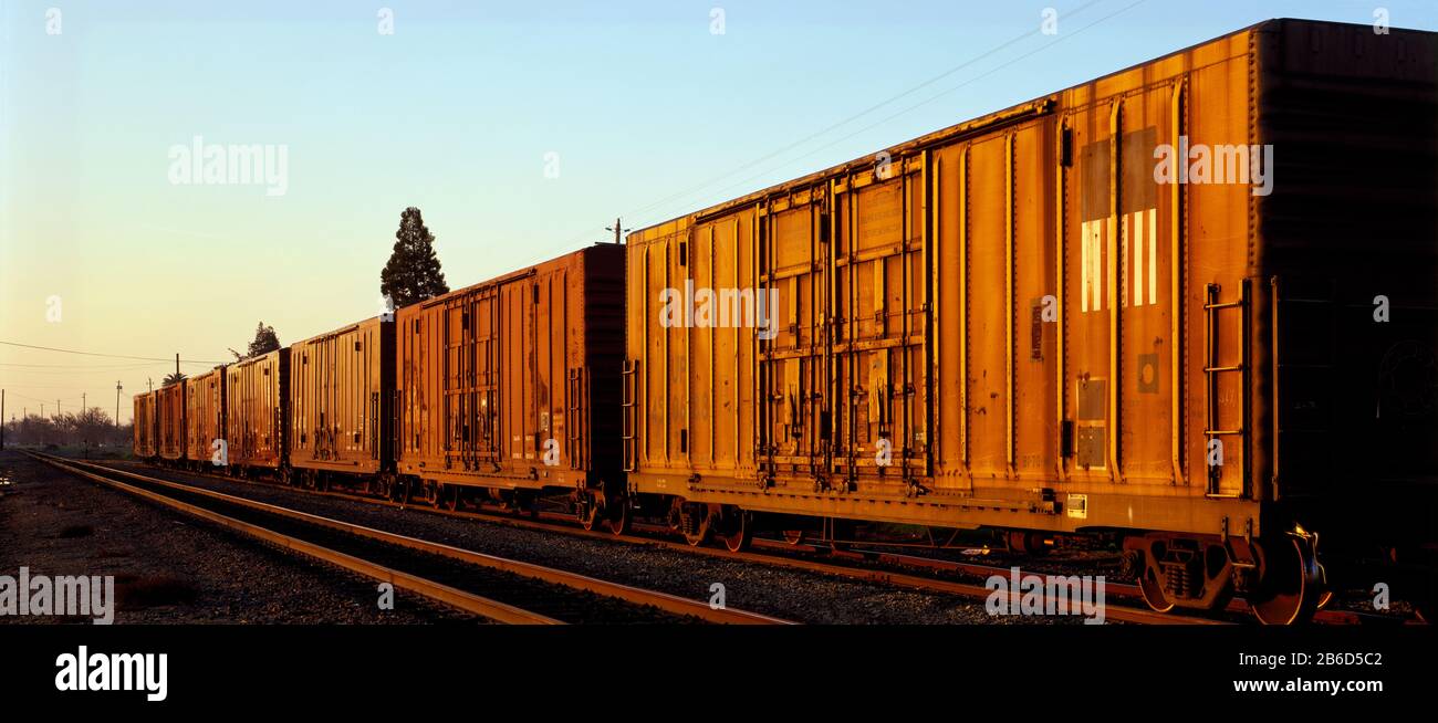 Freight train on the railroad tracks, Central Valley, California, USA ...