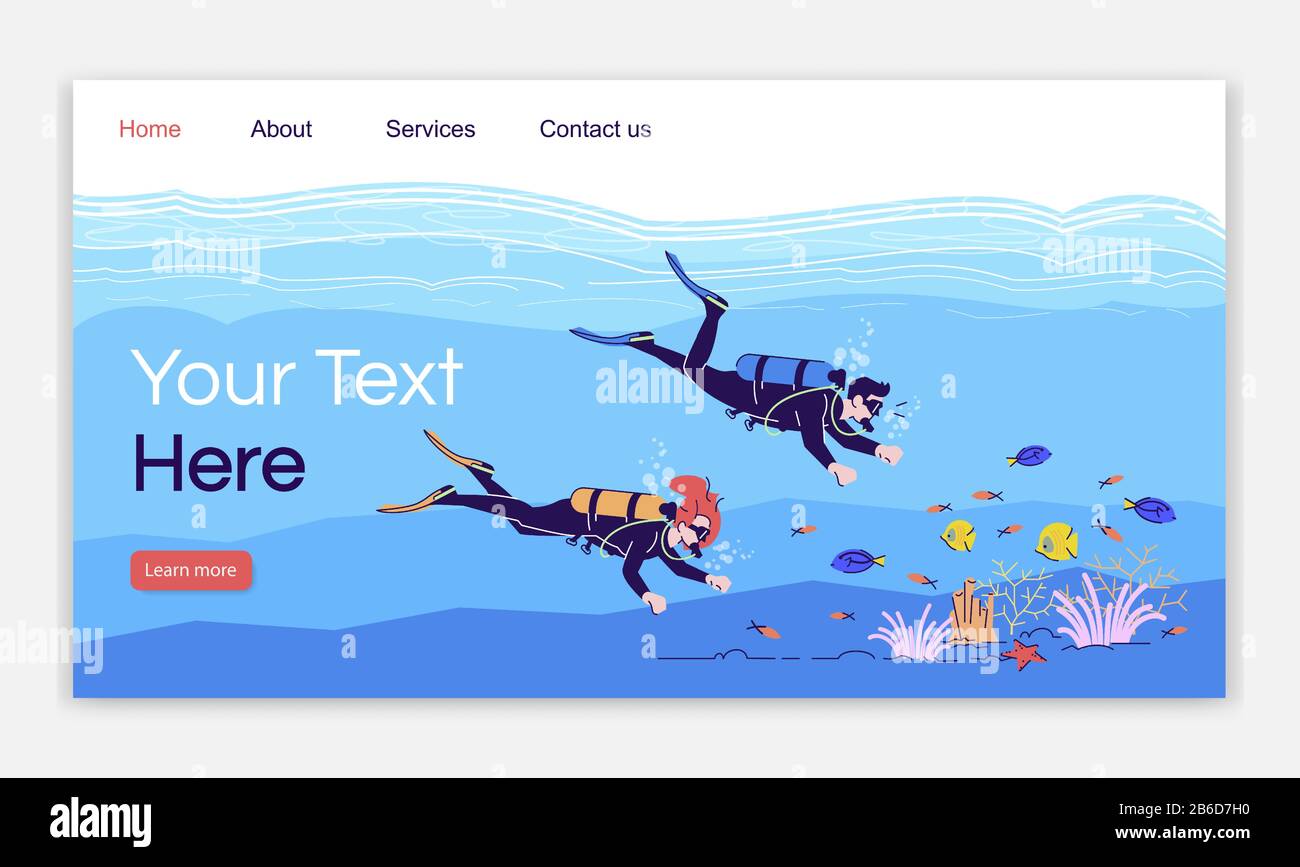 Scuba diving landing page vector template. Couple swimming underwater ...