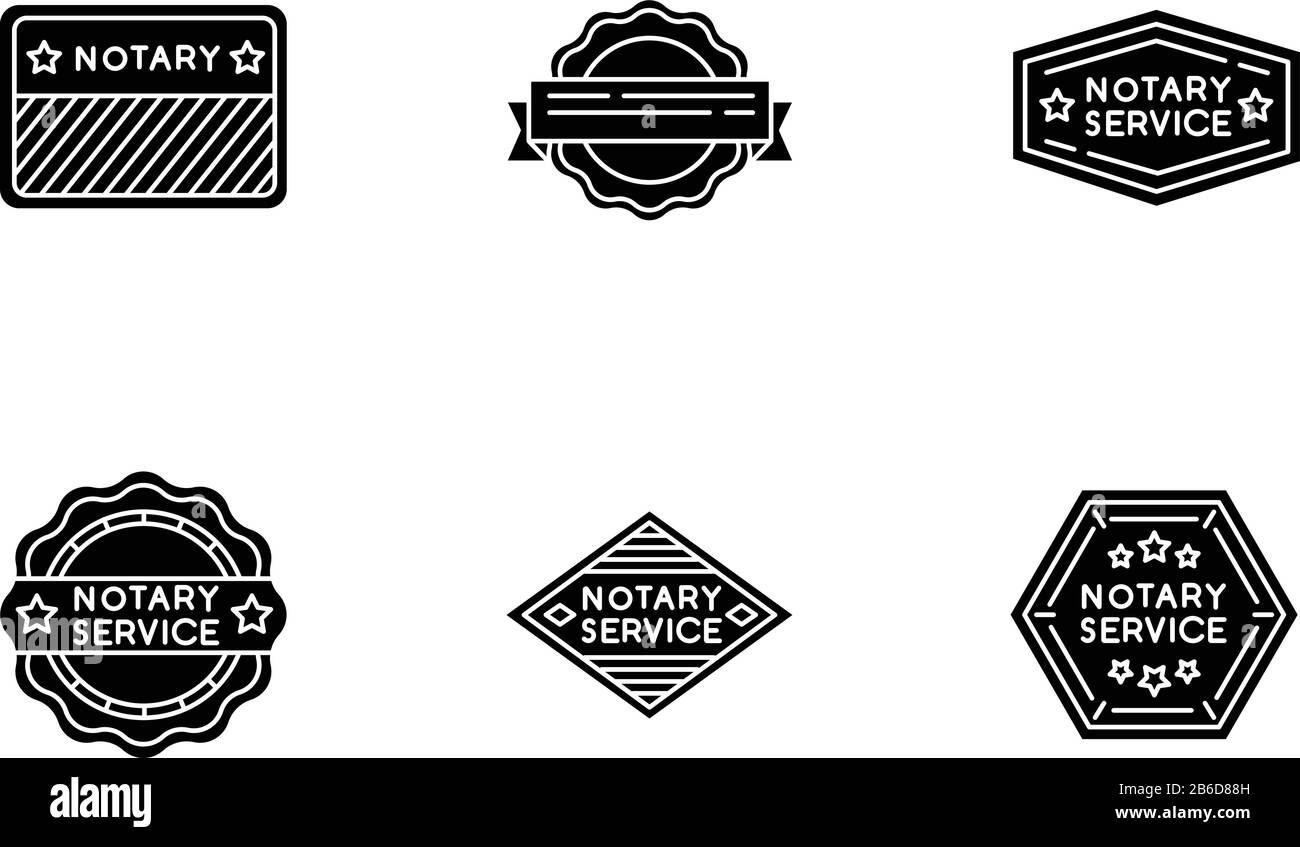 Notary service stamps black glyph icons set on white space. Apostille ...