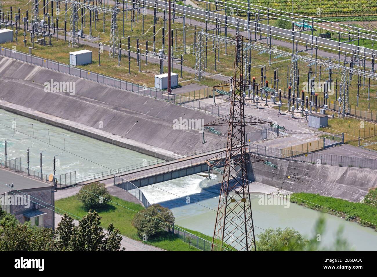 Electric Power Energy Transformer Station and Canal Water Stock Photo ...