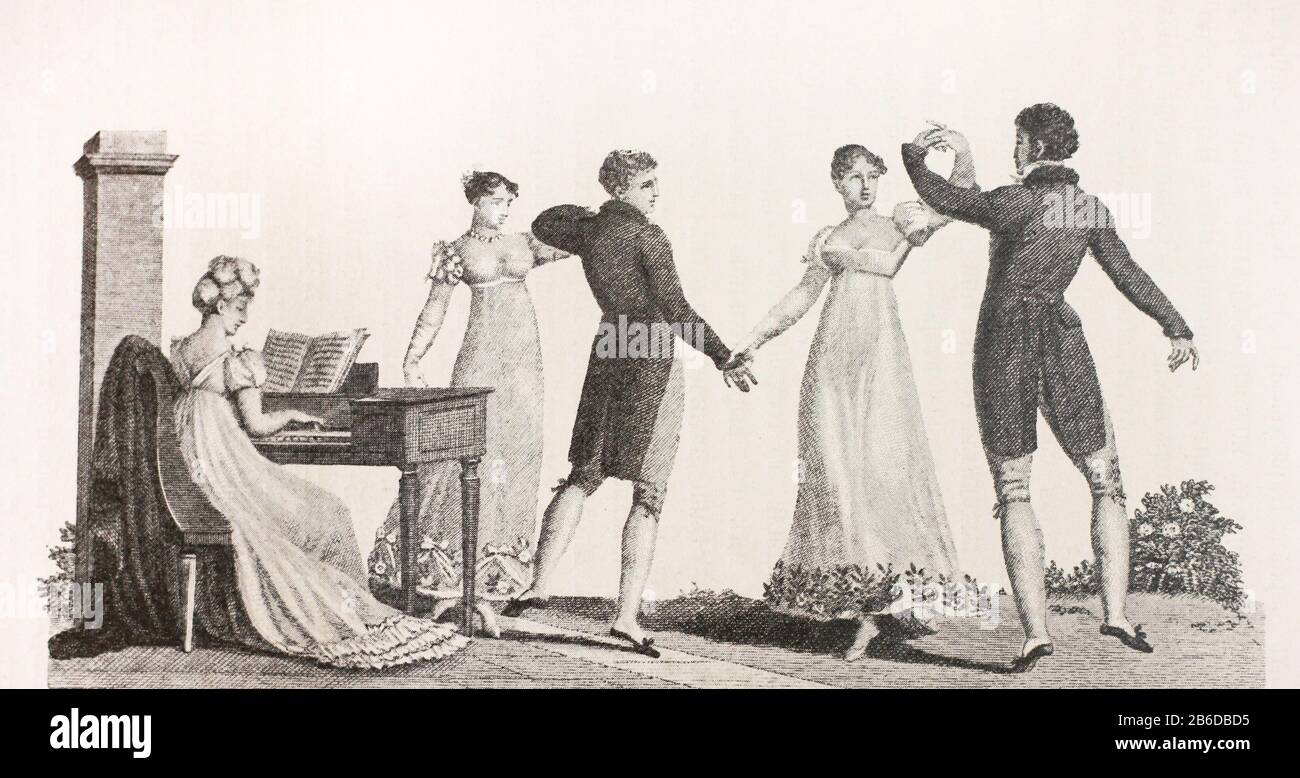 Contredanse at the beginning of the 19th century. Engraving of the ...