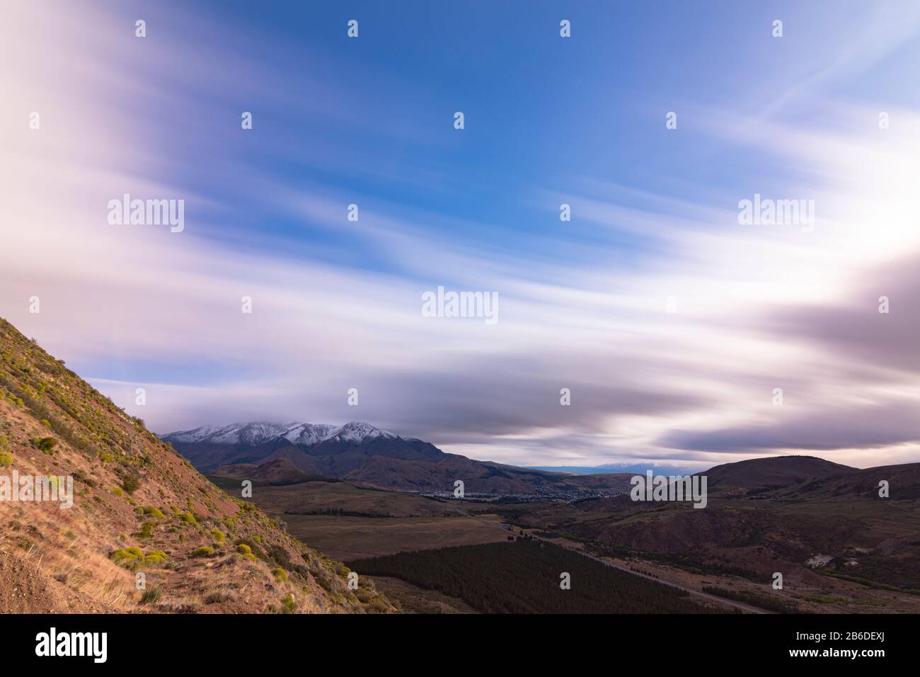 Long exposure shot of Patagonian landscape with snow-capped mountains ...