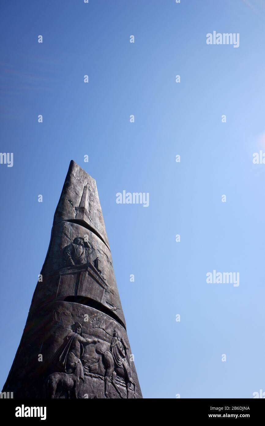 A closed up view of Bronze monument of Sail of Columbus commemorates ...