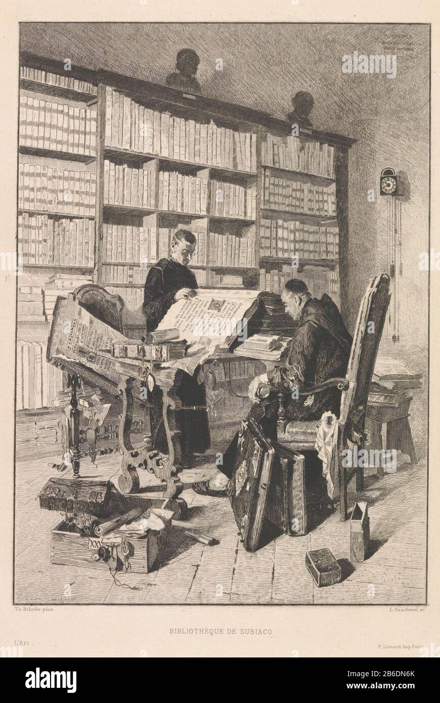 Two monks around a table full of books in the library of Subiaco. One ...