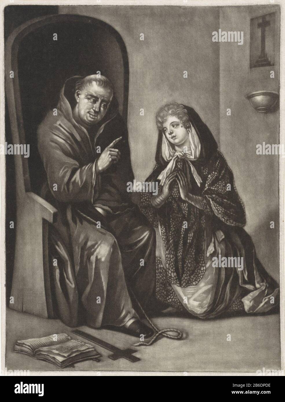 Confession smiling woman A monk takes confession from a woman. On the ...