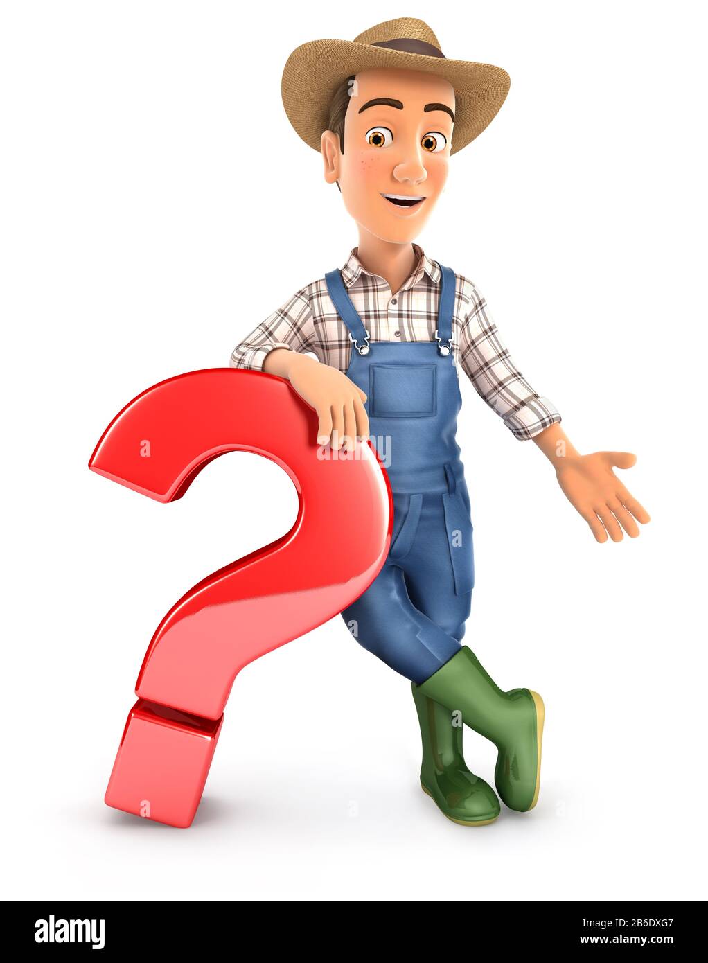 3d farmer leaning against question mark, illustration with isolated ...