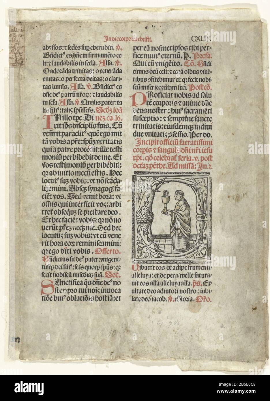 Leaf from an Italian incunable with liturgical verses and illustration ...