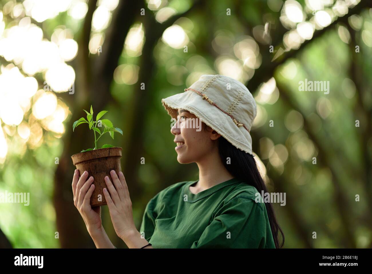 Image of an Asian woman In the concept of planting trees for the ...